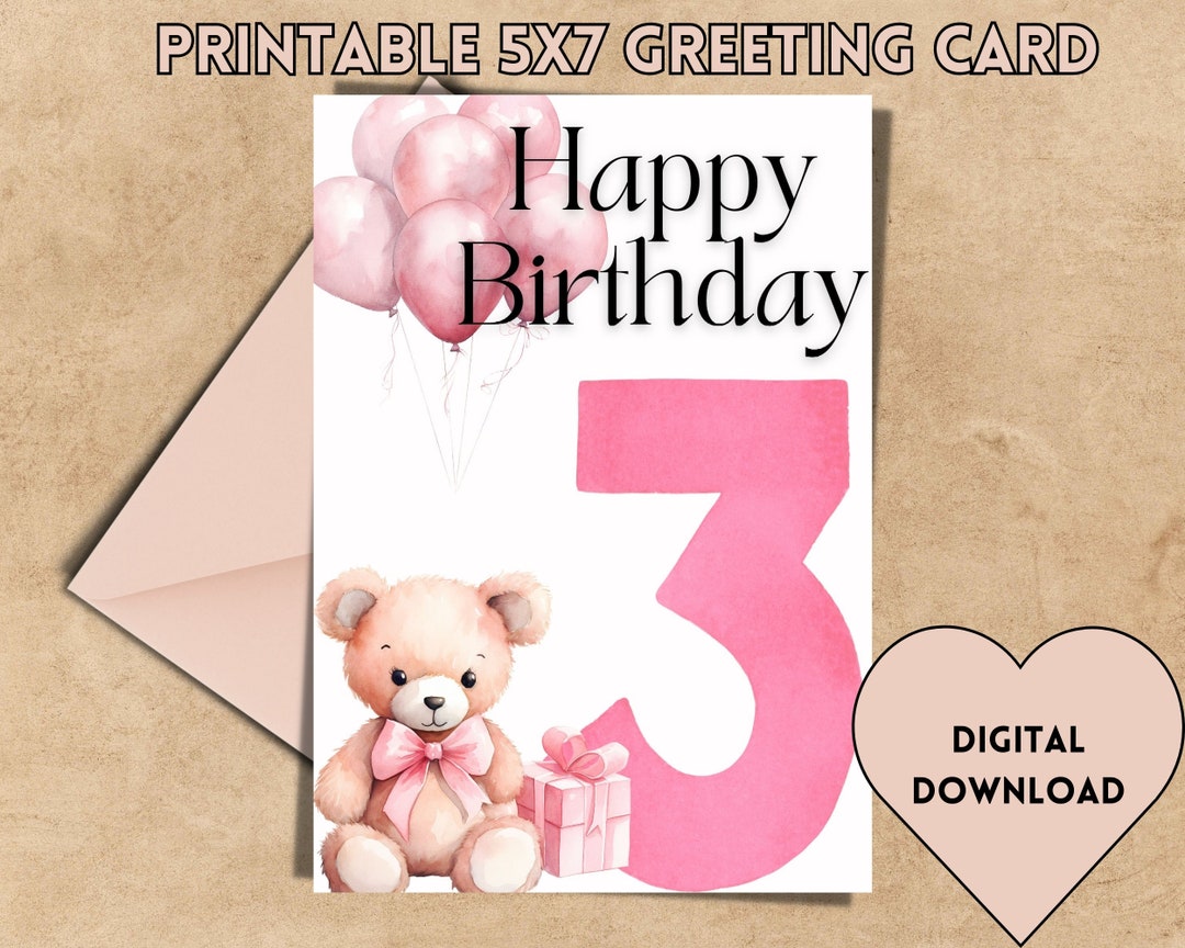 PRINTABLE 3rd Birthday Card, Teddy Bear Birthday Card, Girl Greeting ...