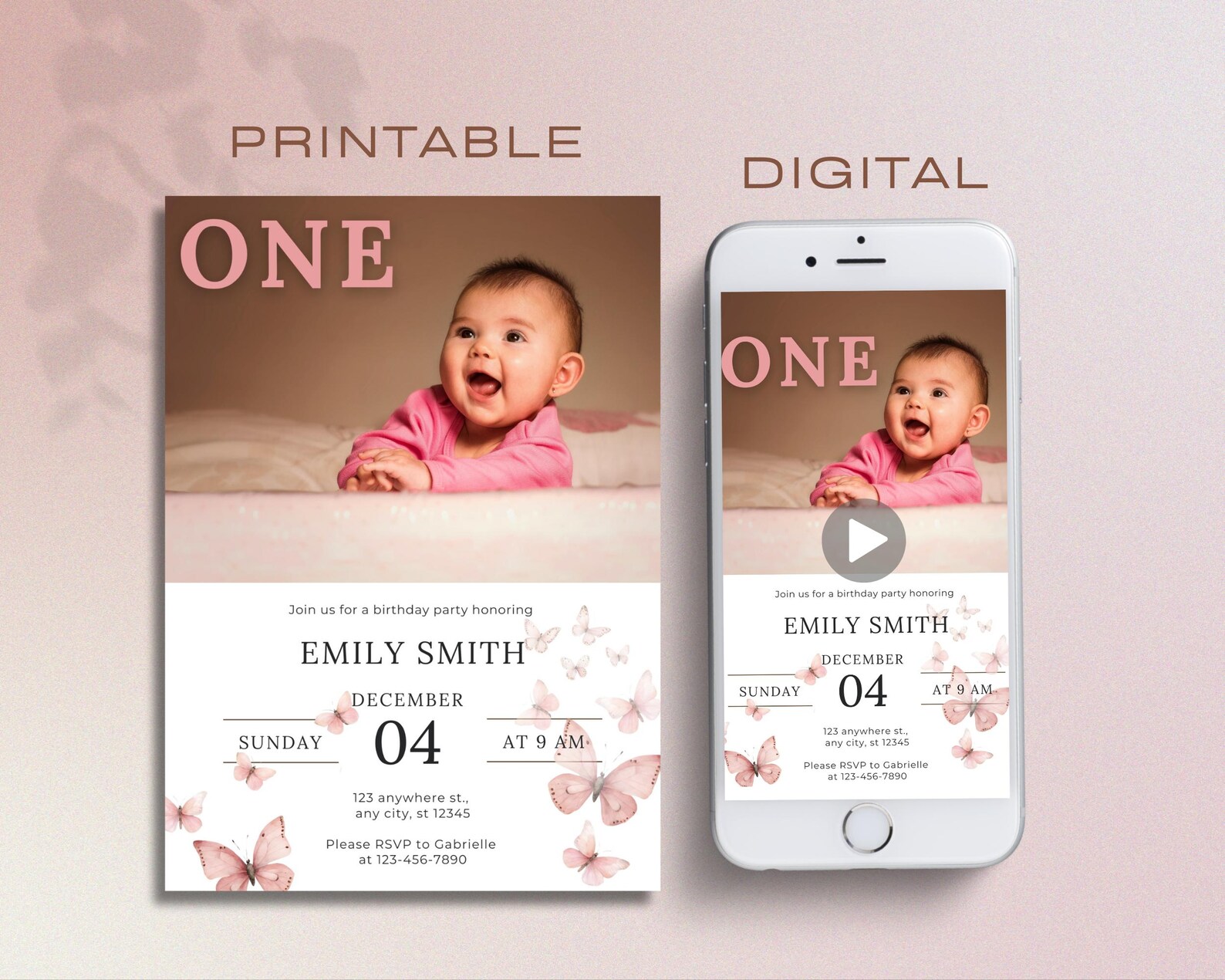 First Birthday Girl Evite With Photo, Butterfly Digital Invite, First ...
