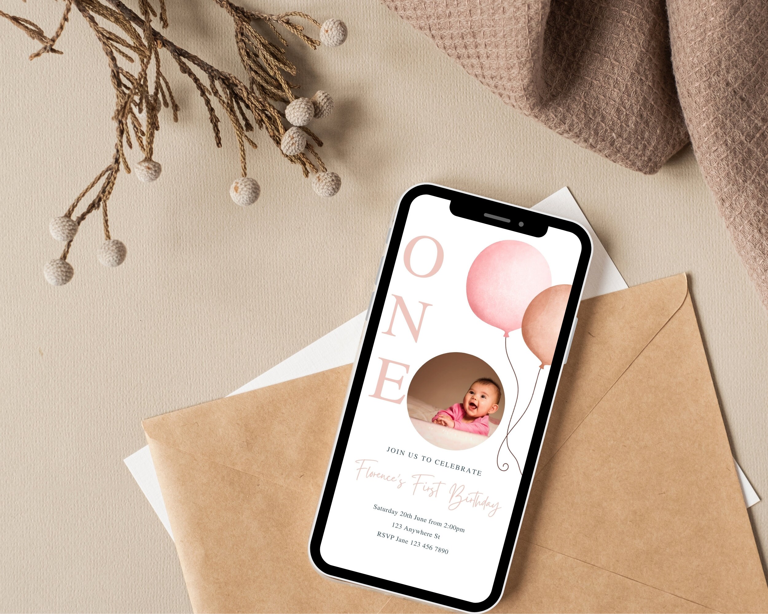 First Birthday Evite With Photo Girl,balloons 1st Birthday Electronic ...