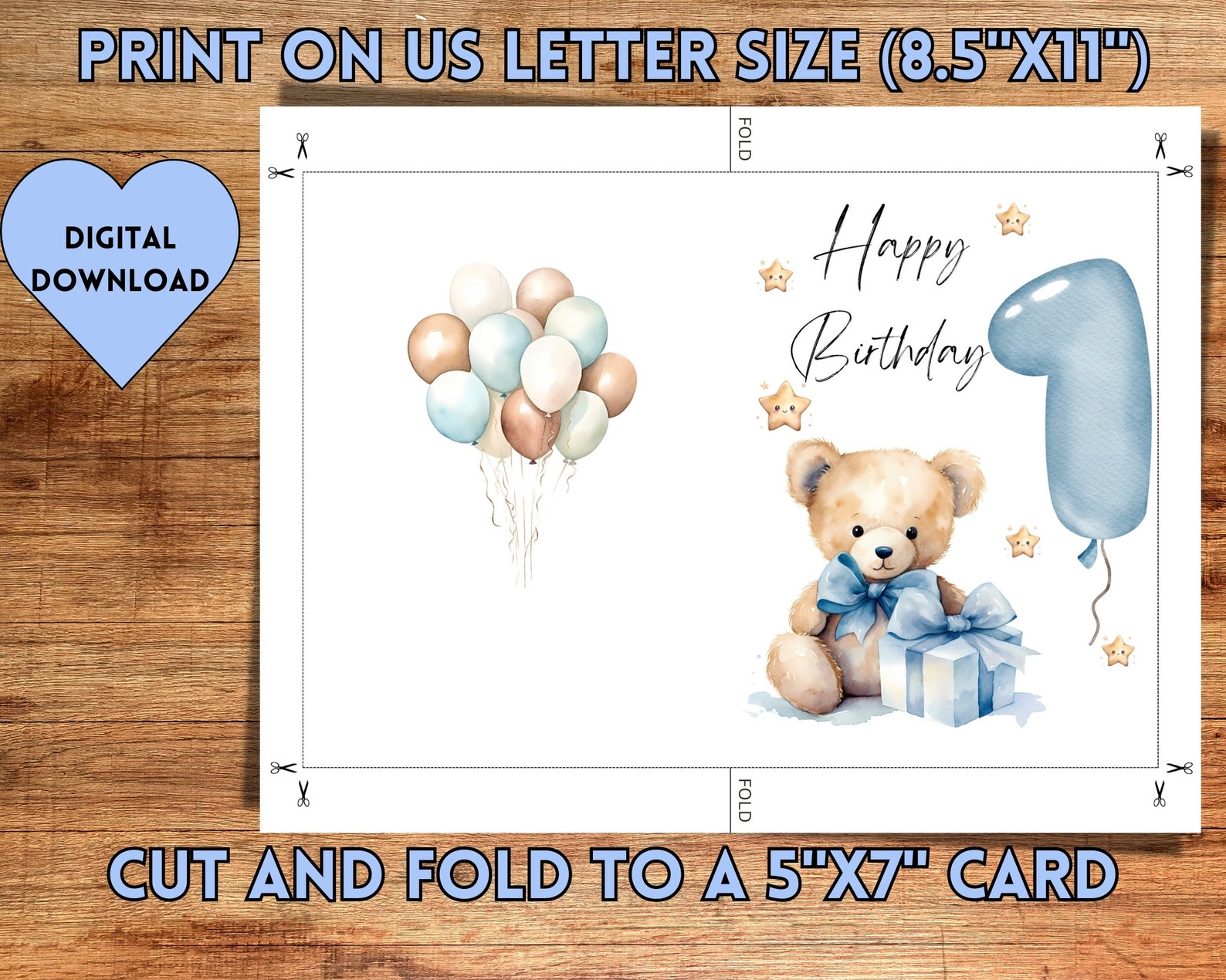 1 Year Old Birthday Card ,first Birthday, Teddy Bear Birthday Card ...