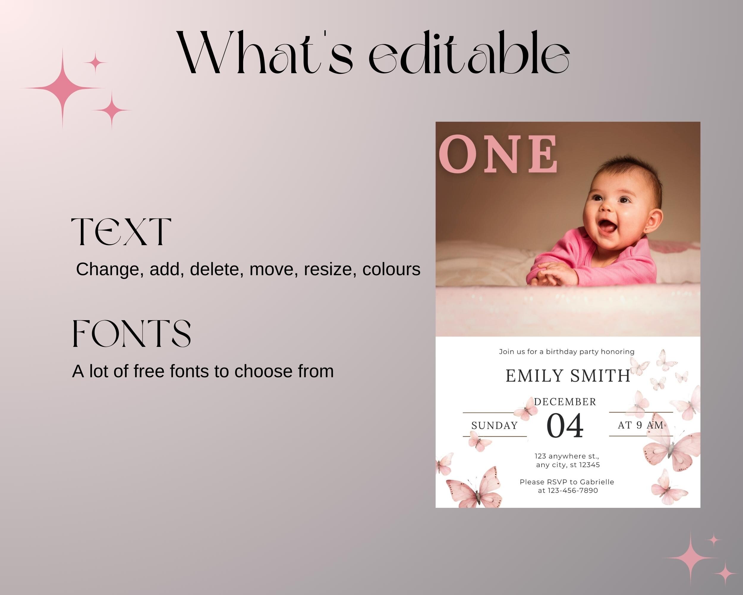 First Birthday Girl Evite With Photo, Butterfly Digital Invite, First ...
