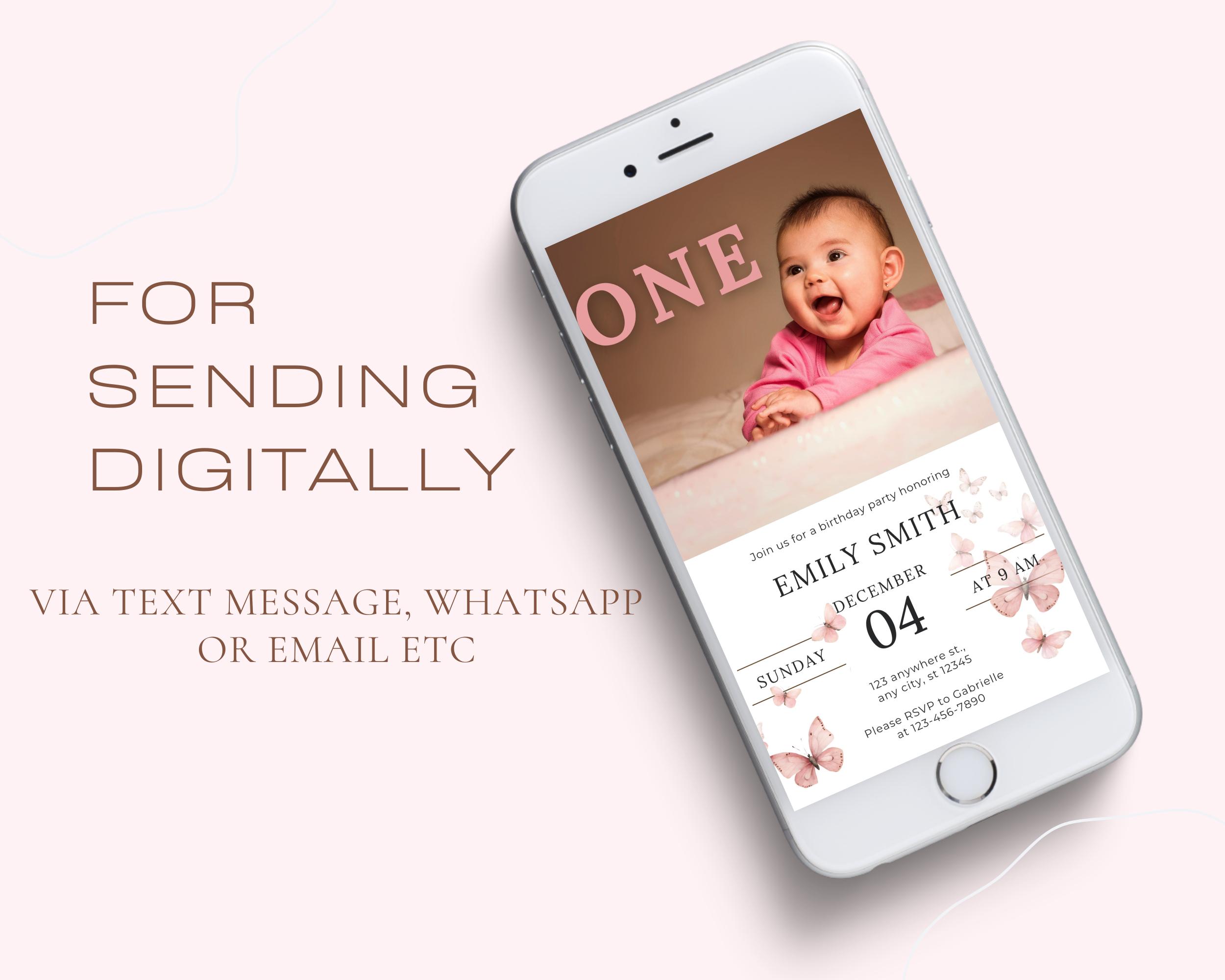 First Birthday Girl Evite With Photo, Butterfly Digital Invite, First ...
