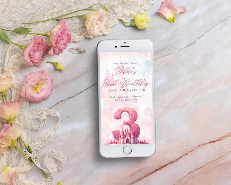 Girl 3rd Birthday Invitation Editable, Princess Third Birthday ...