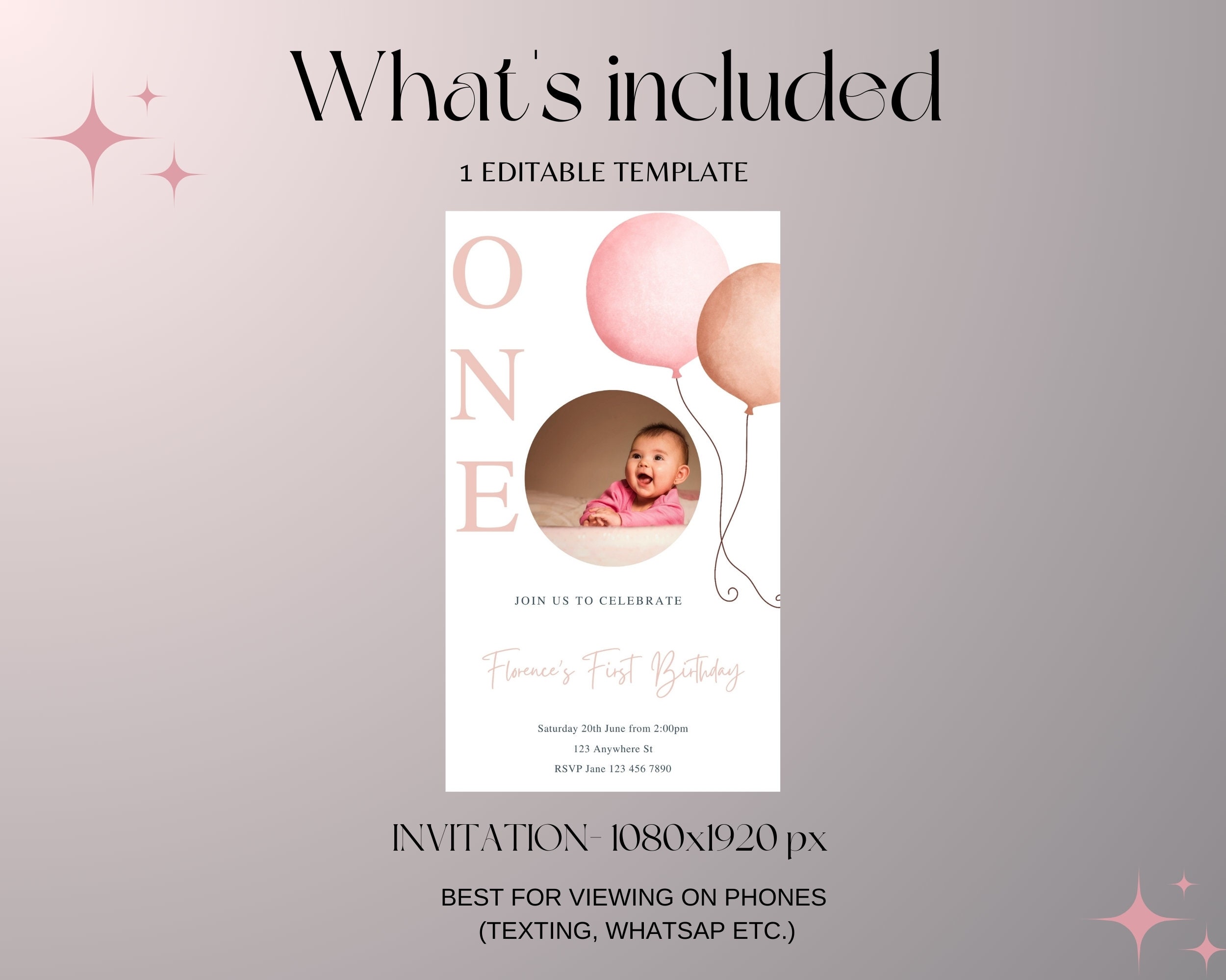 First Birthday Evite With Photo Girl,balloons 1st Birthday Electronic ...