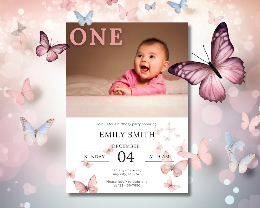 First Birthday Girl Evite With Photo, Butterfly Digital Invite, First ...