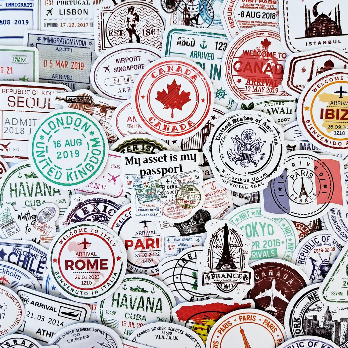 Passport Stamp Sticker Pack – Travel Journal & Scrapbooking Stickers ...