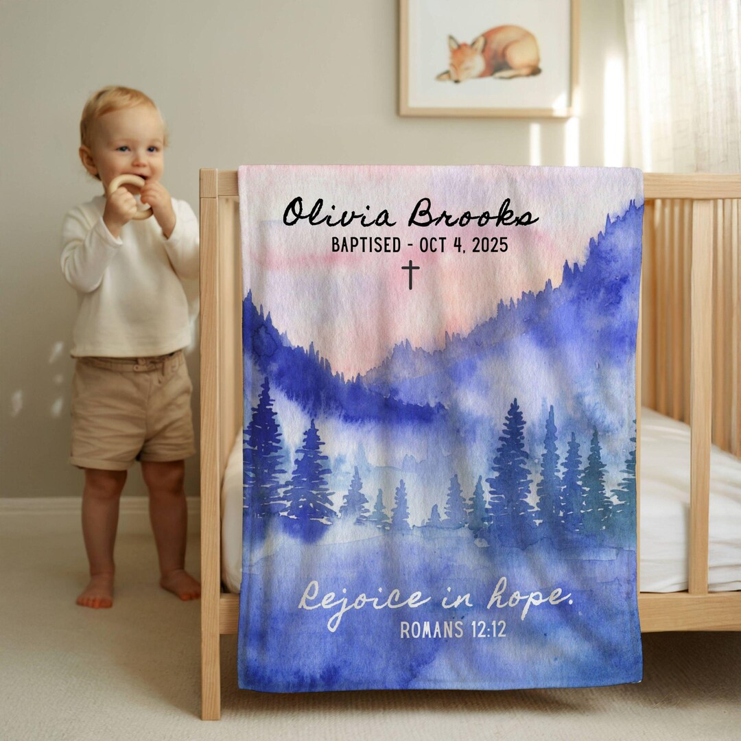 Personalized Baptism Blanket: Watercolor Mountain Religious Gift With ...