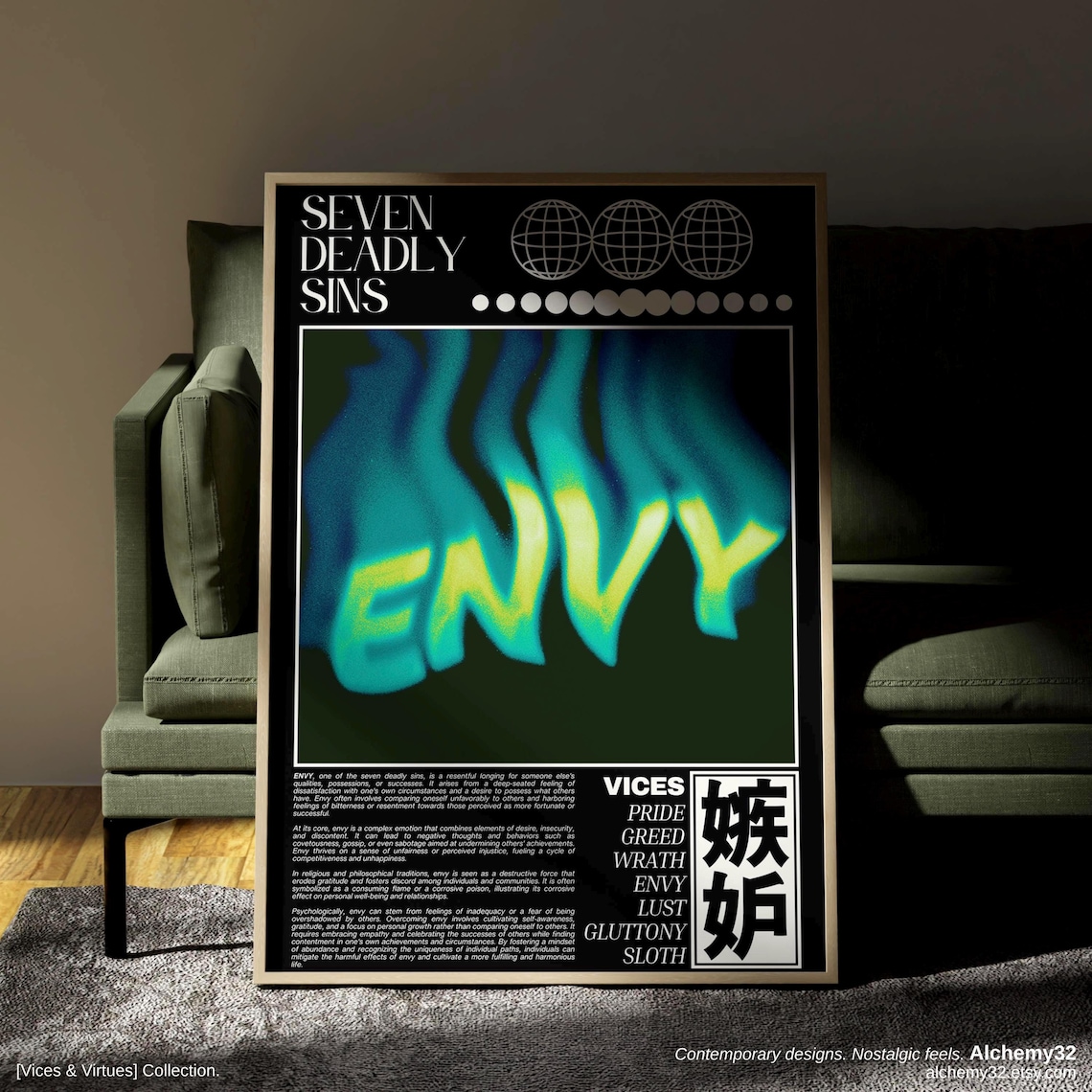 Vices: Envy Seven Deadly Sins Print, Typographic Grunge Psychedelic ...
