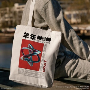Year of the Goat Tote Bag, Chinese Lunar New Year, Y2K Psychedelic Retrowave Modern Cotton ...