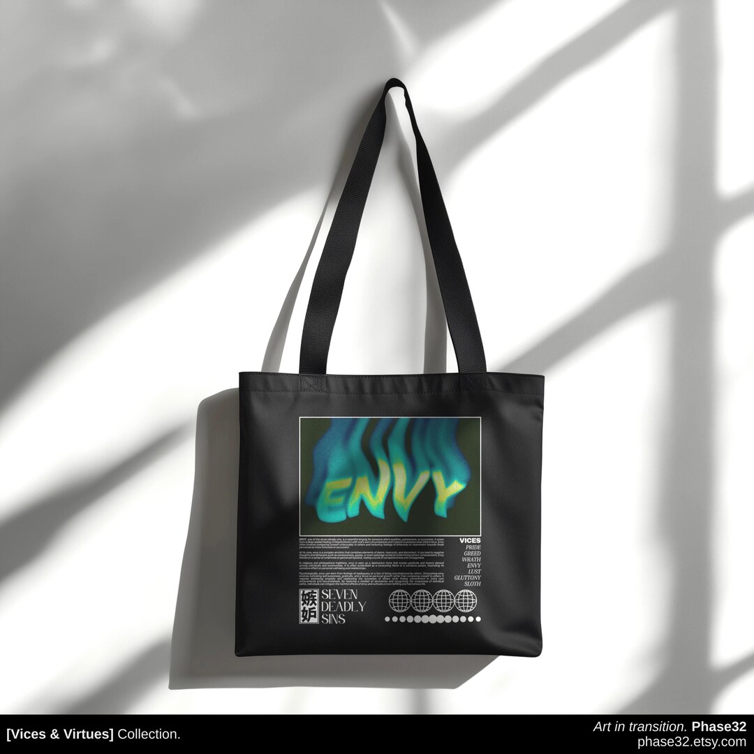 Vices: Envy Seven Deadly Sins Tote Bag, Black Canvas Neon Green ...