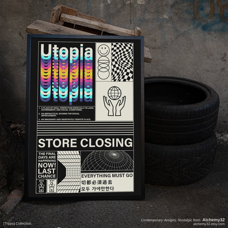 Utopia: Closing Soon Print, Y2K Modern Psychedelic Grunge Retrowave ...