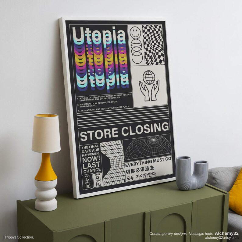 Utopia: Closing Soon Print, Y2K Modern Psychedelic Grunge Retrowave ...