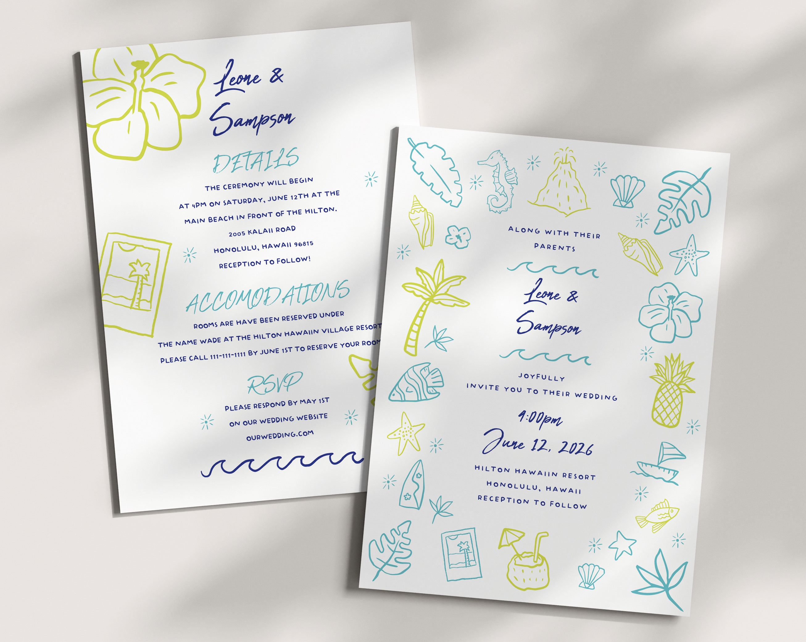 Hawaii Wedding Invitation Template, Illustrated Tropical Beach Wedding ...