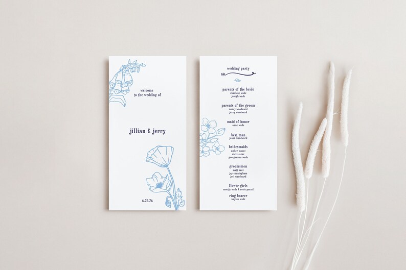 Floral Program Template, Whimsical Hand Drawn Wedding Ceremony Timeline ...