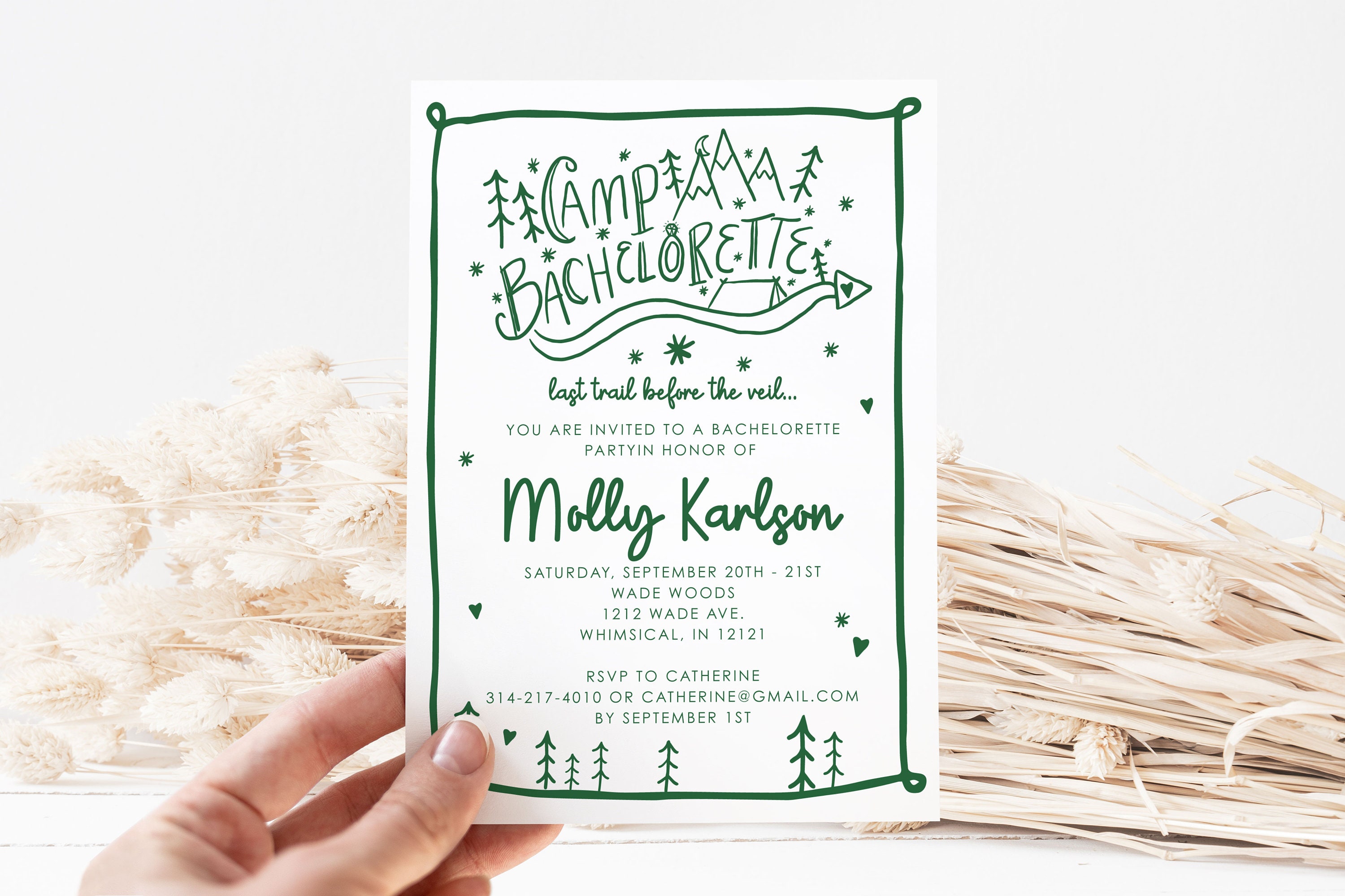 Camp Bachelorette Party Invitation Template, Hand Drawn Camping Theme ...