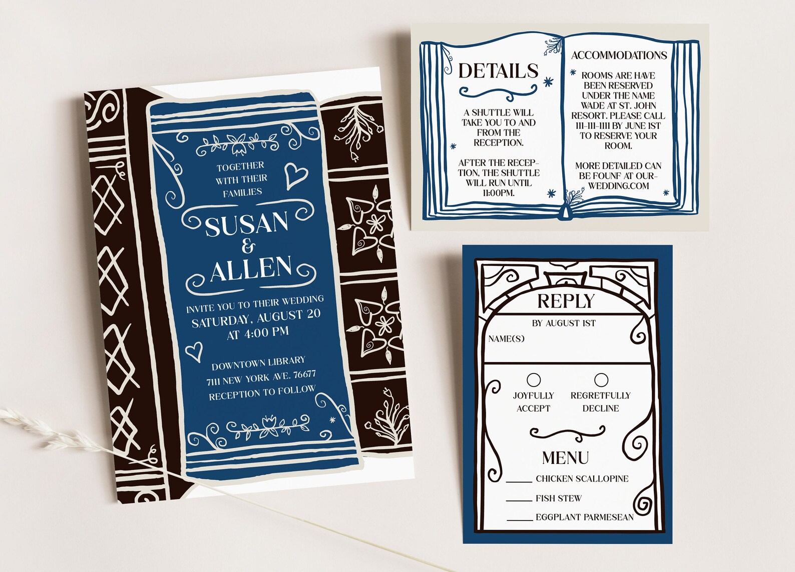 Vintage Book Wedding Invitation Suite, Hand Drawn Literary Wedding ...