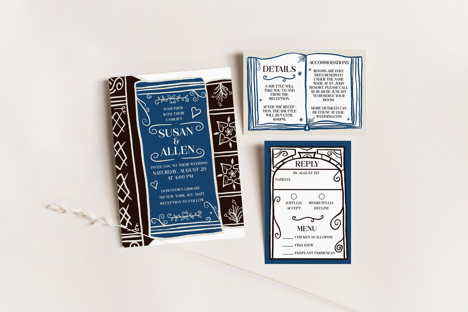 Vintage Book Wedding Invitation Suite, Hand Drawn Literary Wedding ...