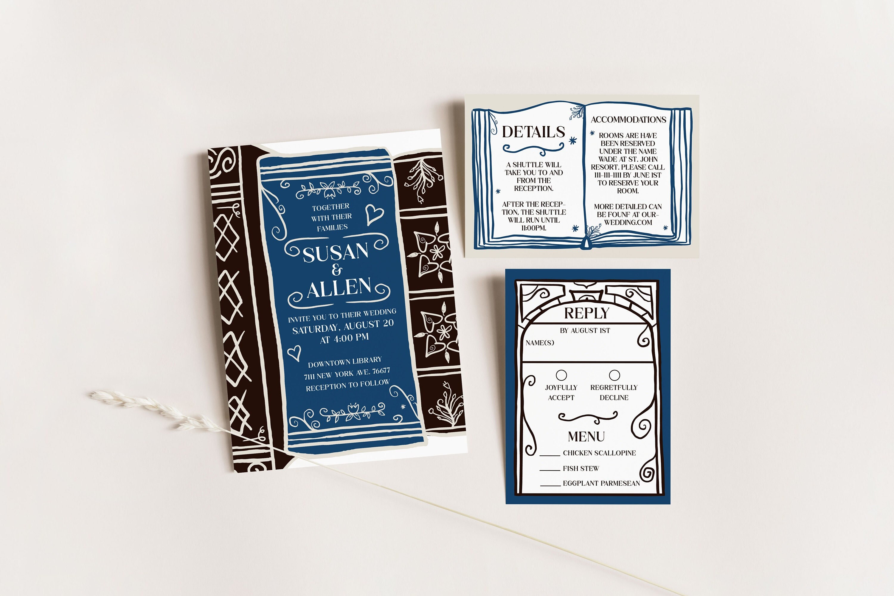 Vintage Book Wedding Invitation Suite, Hand Drawn Literary Wedding ...