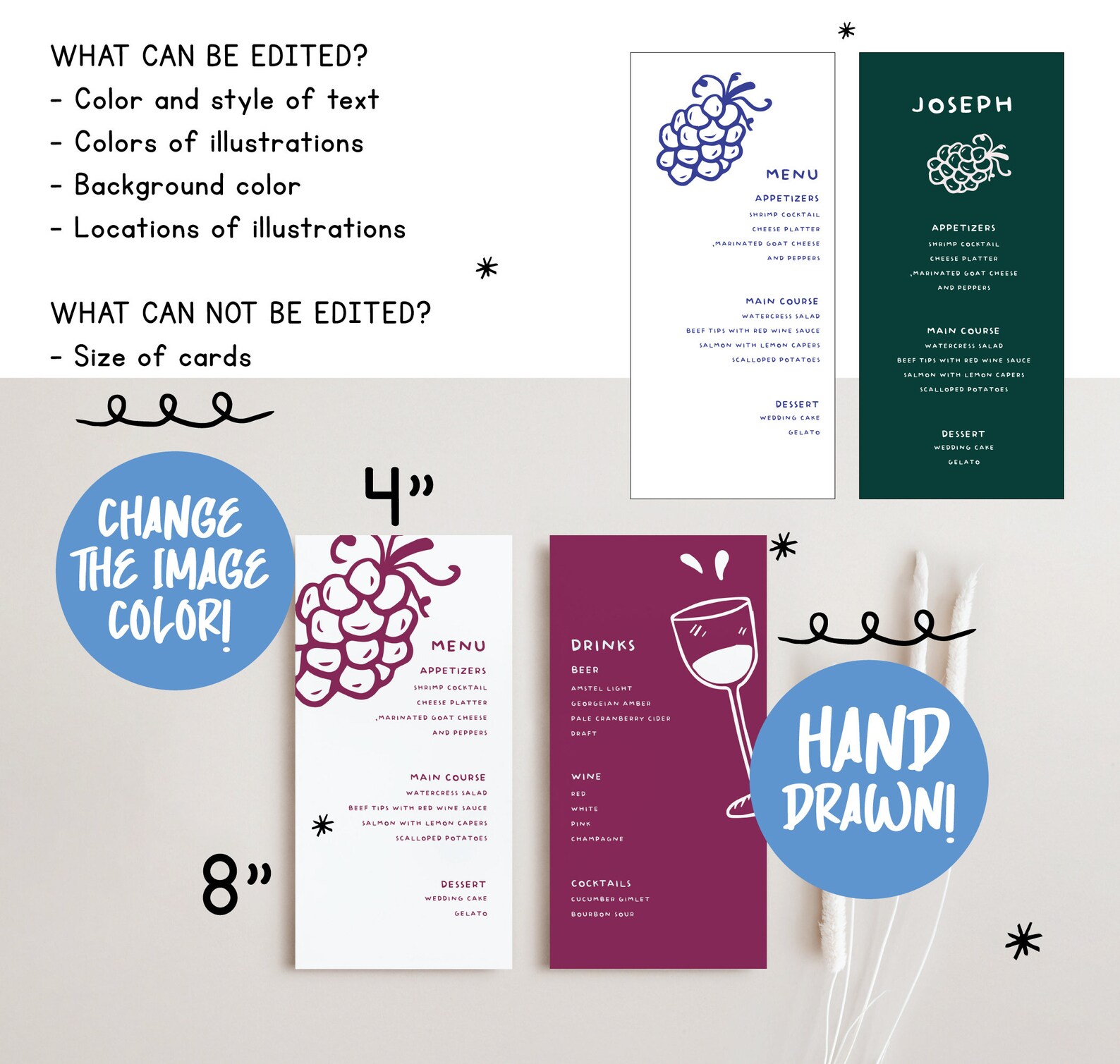 Italian Wedding Dinner and Bar Menu Template, Editable Hand Drawn ...
