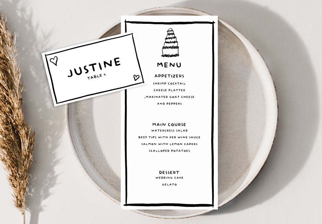 Minimal Wedding Dinner Menu and Placecards Template, Scribble Hand ...