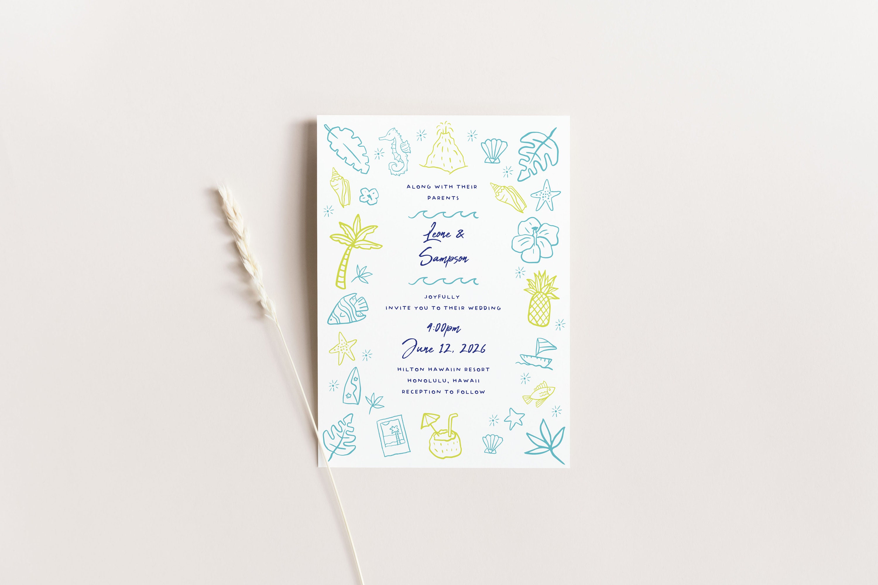 Hawaii Wedding Invitation Template, Illustrated Tropical Beach Wedding ...