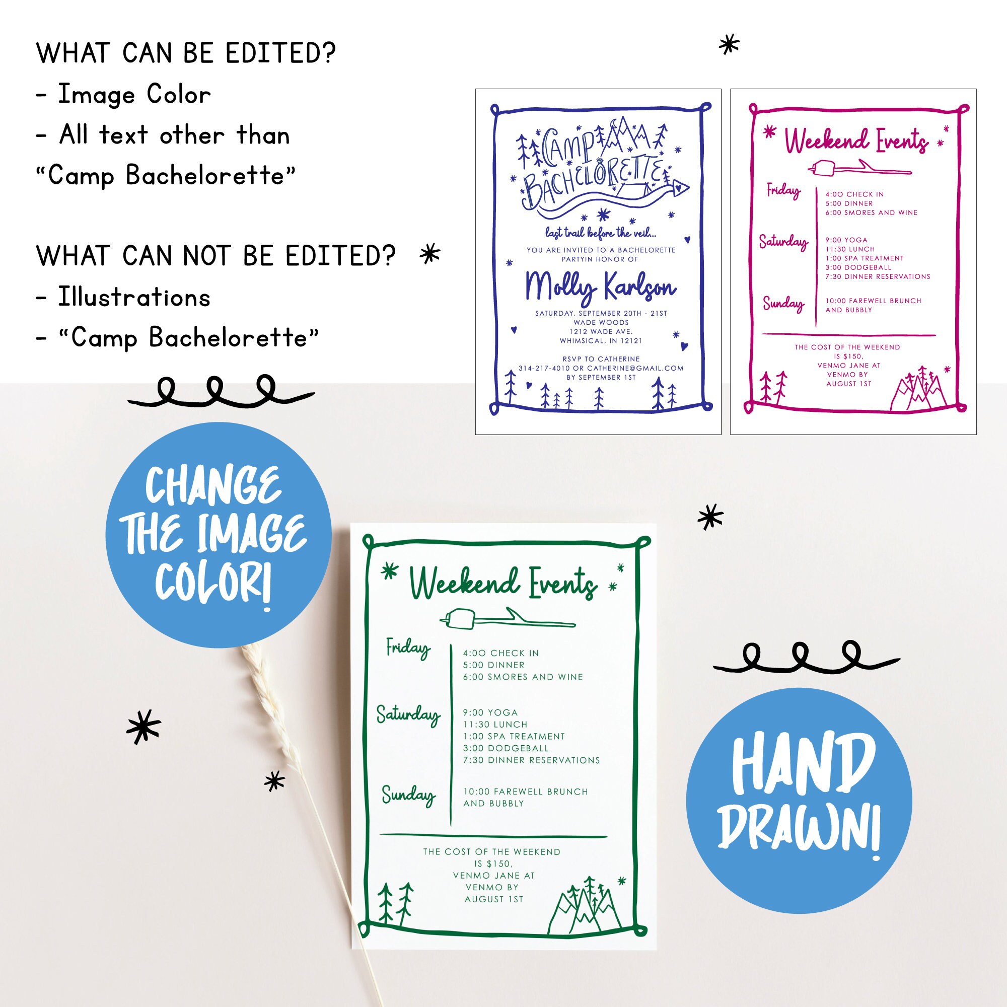 Camp Bachelorette Party Invitation Template, Hand Drawn Camping Theme ...