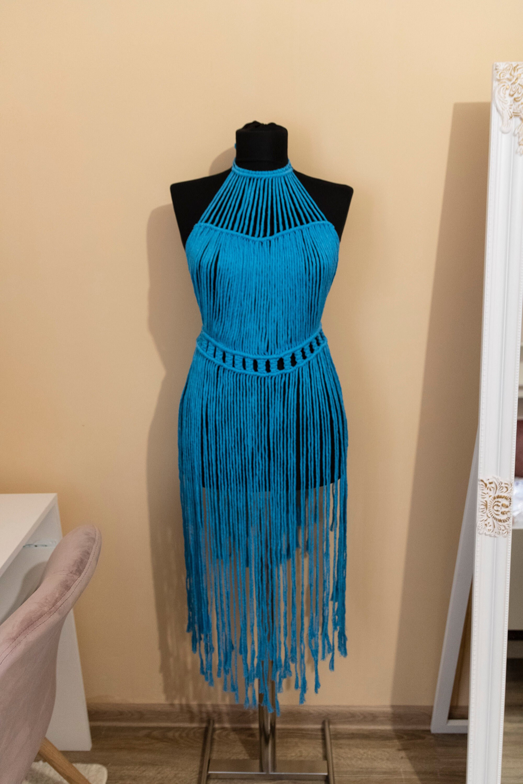 Stunning Handmade Macrame Halter Dress, Deep Blue Dress, Eco Friendly ...