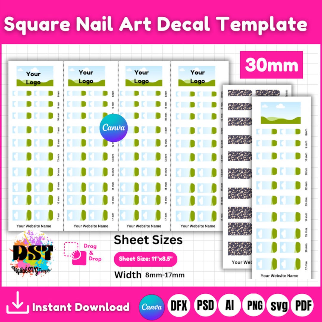 30mm Square Nail Art Decal Template, Nail Art Svg, Nail Design Template ...