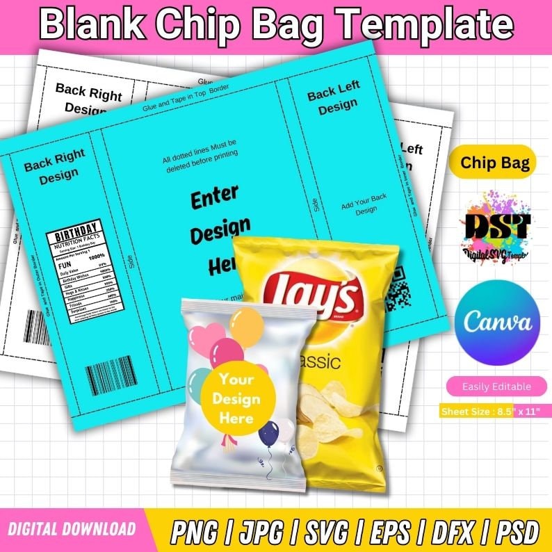 Chip Bag Template, Chip Bag Mockups, Canva Editable Chip Bag Label ...