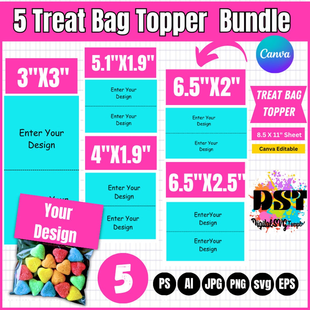 5 Treat Bag Topper Template Bundle, Editable Treat Bag Label, Party ...