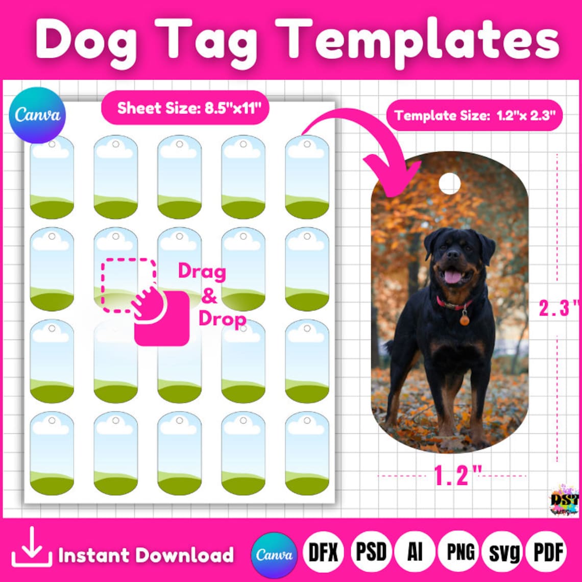 30mm X 60mm Dog Tag Template, Bone Tag Template, Dog Tag Svg, Pet ID ...