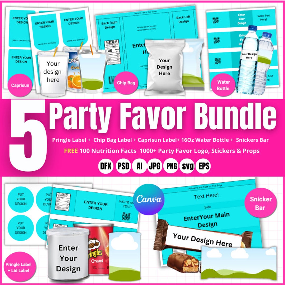 5 Party Favor Template Mockup, Party Favor Chip Bag Template, Chocolate ...