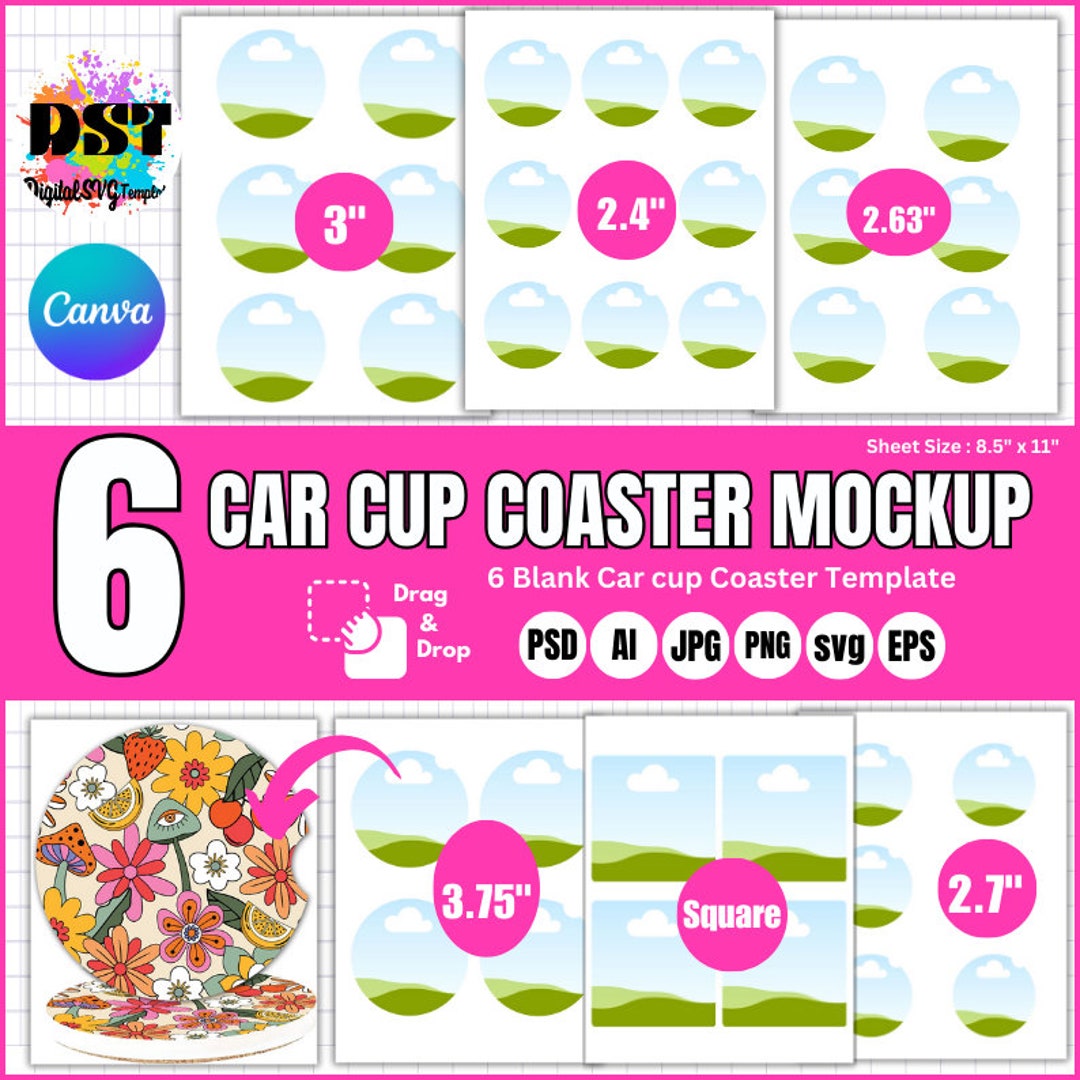 6 Car Coaster Template Bundle, Car Cup Coaster Mockups, Blank Car Canva ...