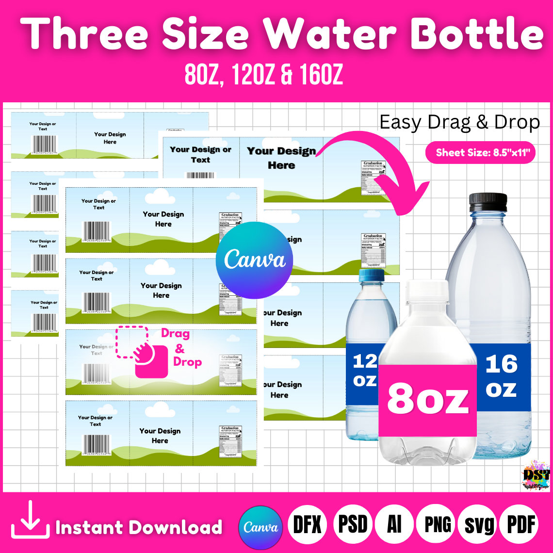 8oz, 12oz , 16oz Water Bottle Label Template, Water Bottle Sticker, DIY ...