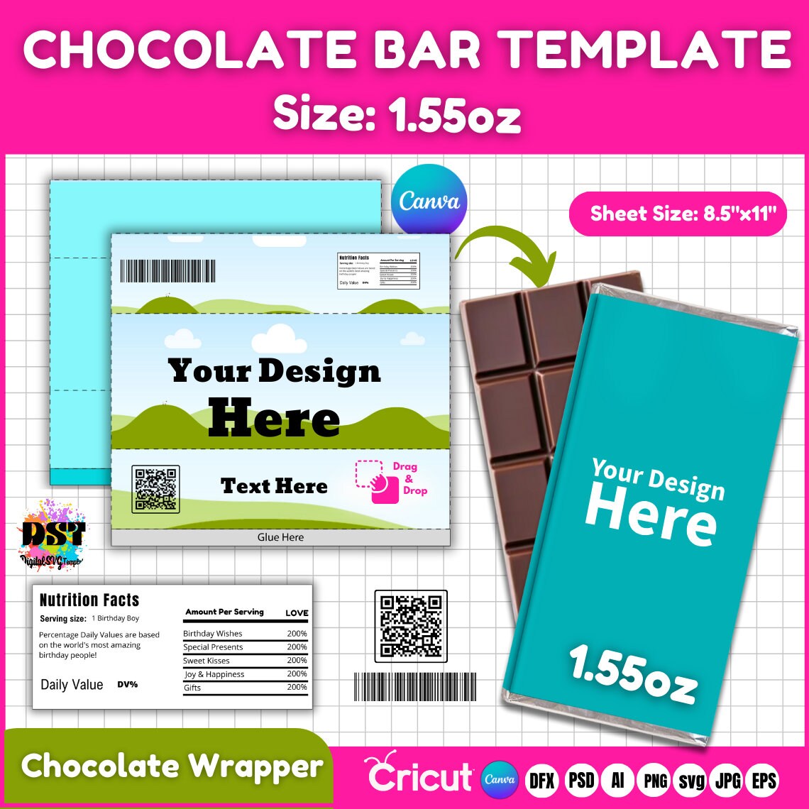 1.55 Oz Chocolate Bar Wrapper Template, Candy Bar Wrapper, Chocolate ...