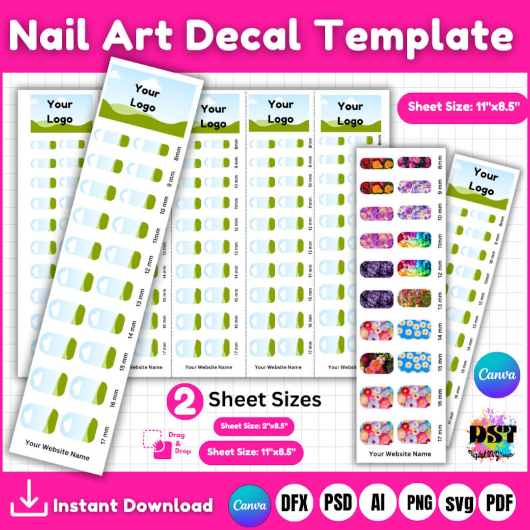 Nail Art Decal Template, Nail Art Svg, Nail Design Template, Nail Blank ...