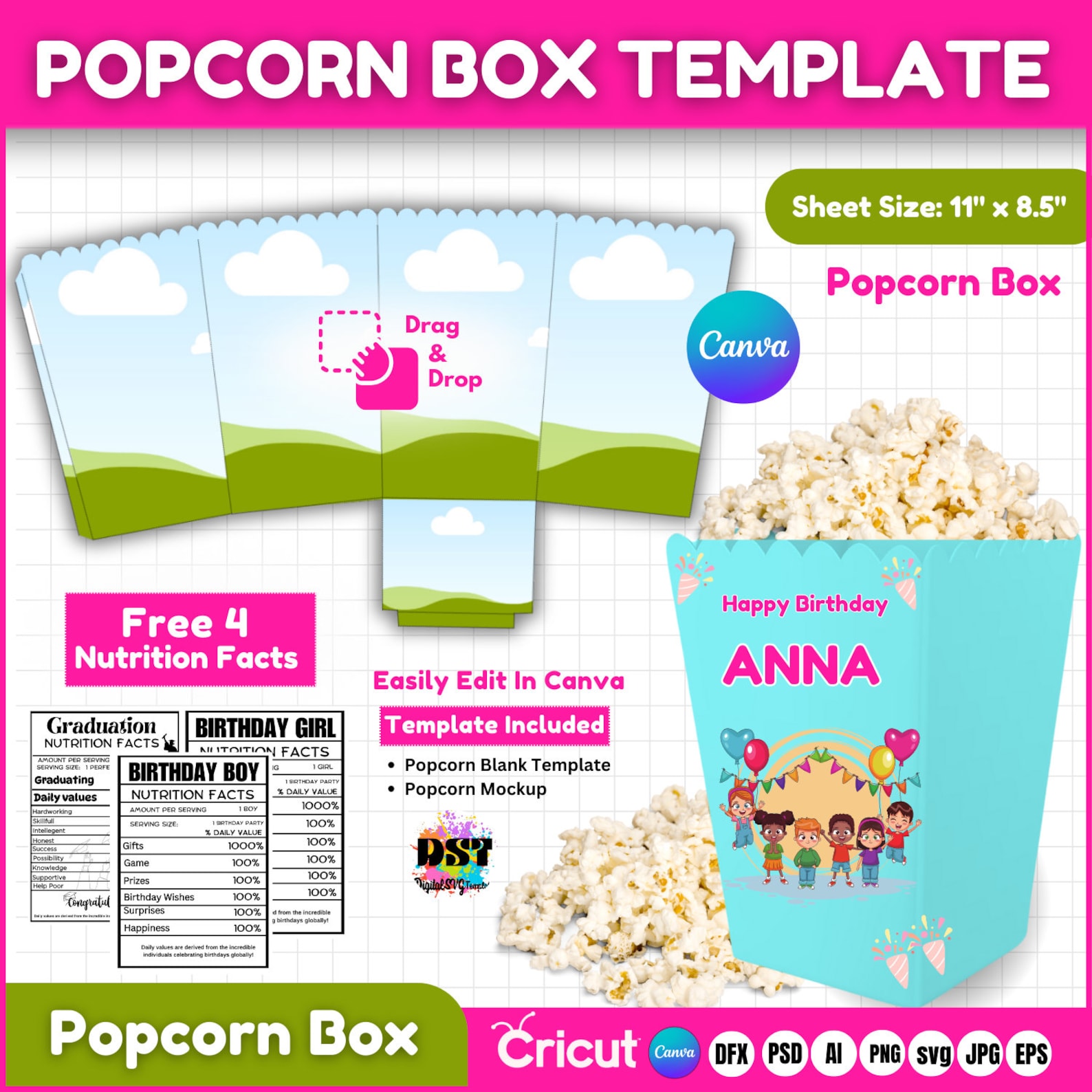 Popcorn Box Template, Snack Box Template, Party Favor Box Template ...