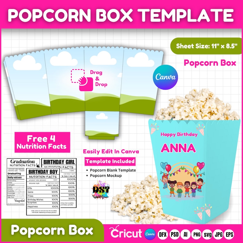 Popcorn Box Template, Snack Box Template, Party Favor Box Template ...