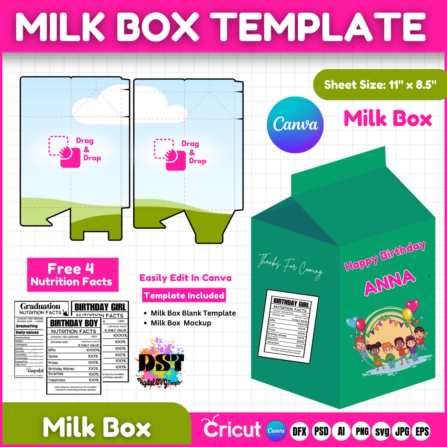 Milk Box Template Svg, Milk Carton Box Template, Gift Box Blank ...