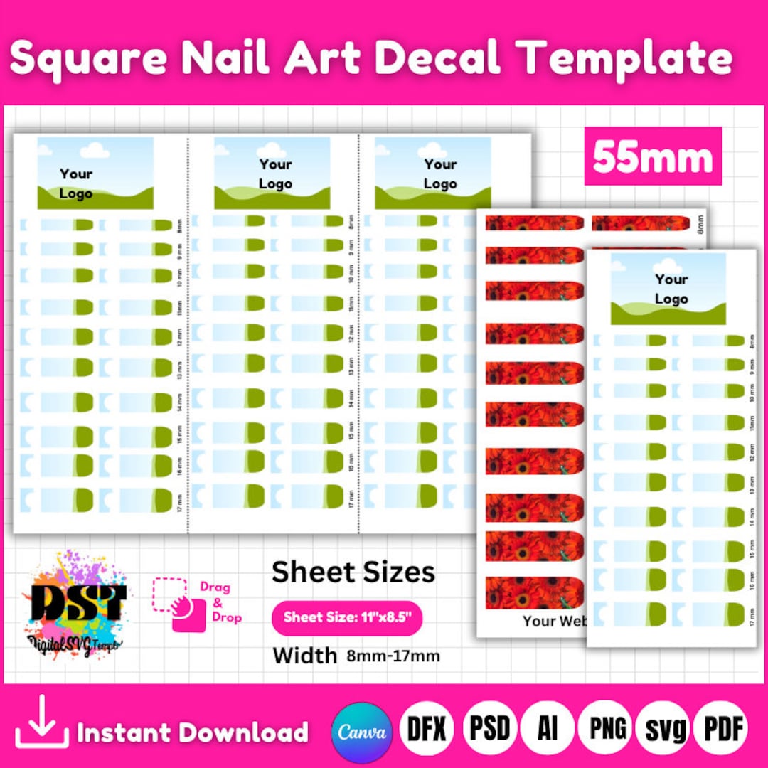 55mm Square Nail Art Decal Template, Nail Art Svg, Nail Design Template ...