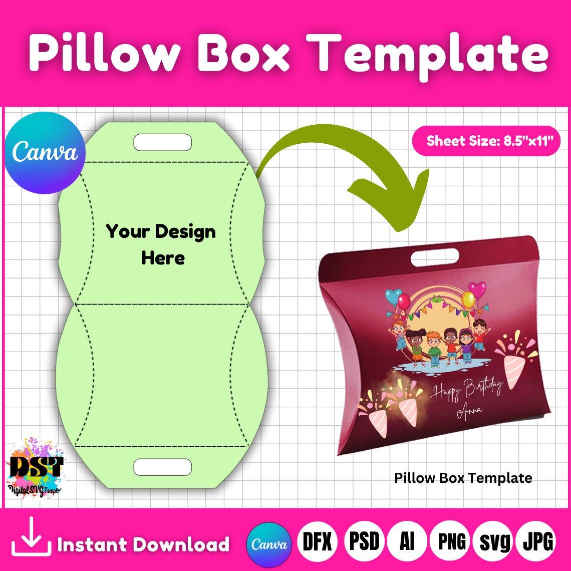 Foldable Pillow Box Template Svg, Party Favor Box Template, Pillow ...