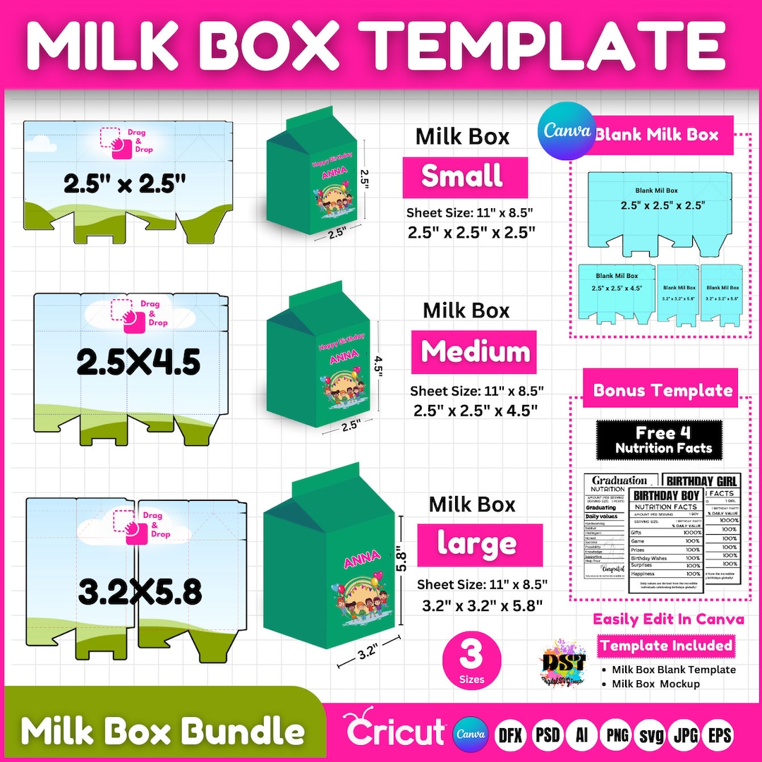 Milk Box Template Bundle Milk Carton Box Template, Gift Box Blank ...