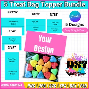 5 Treat Bag Topper Template Bundle, Editable Treat Bag Label, Party ...