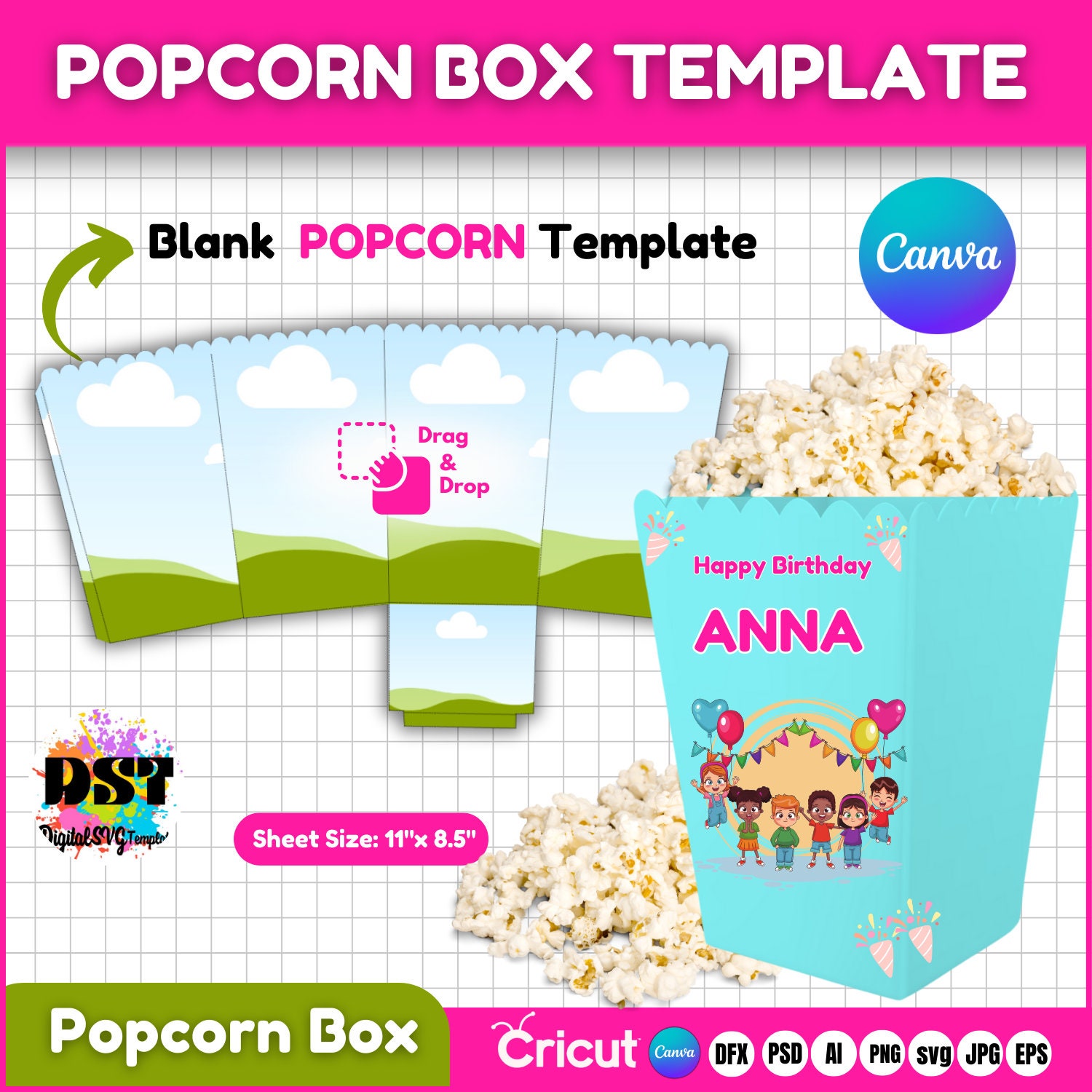 Popcorn Box Template, Snack Box Template, Party Favor Box Template ...