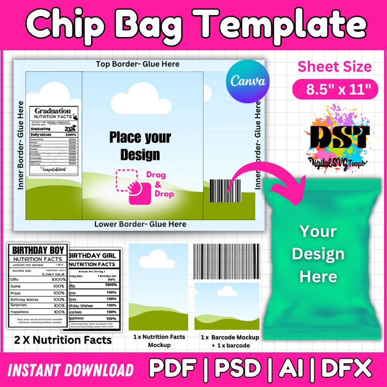 Chip Bag Template, Chip Bag Mockups, Canva Editable Chip Bag Label ...
