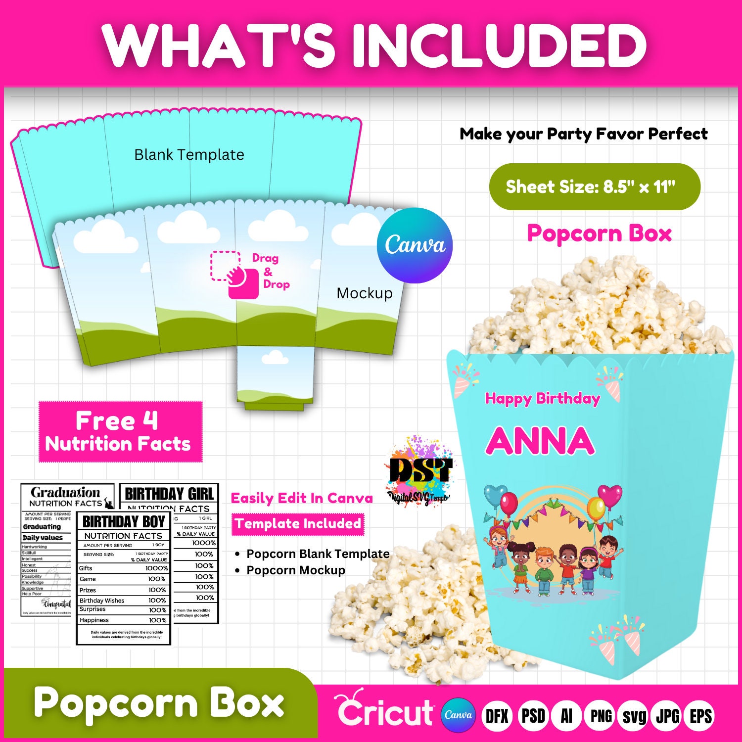 Popcorn Box Template, Snack Box Template, Party Favor Box Template ...