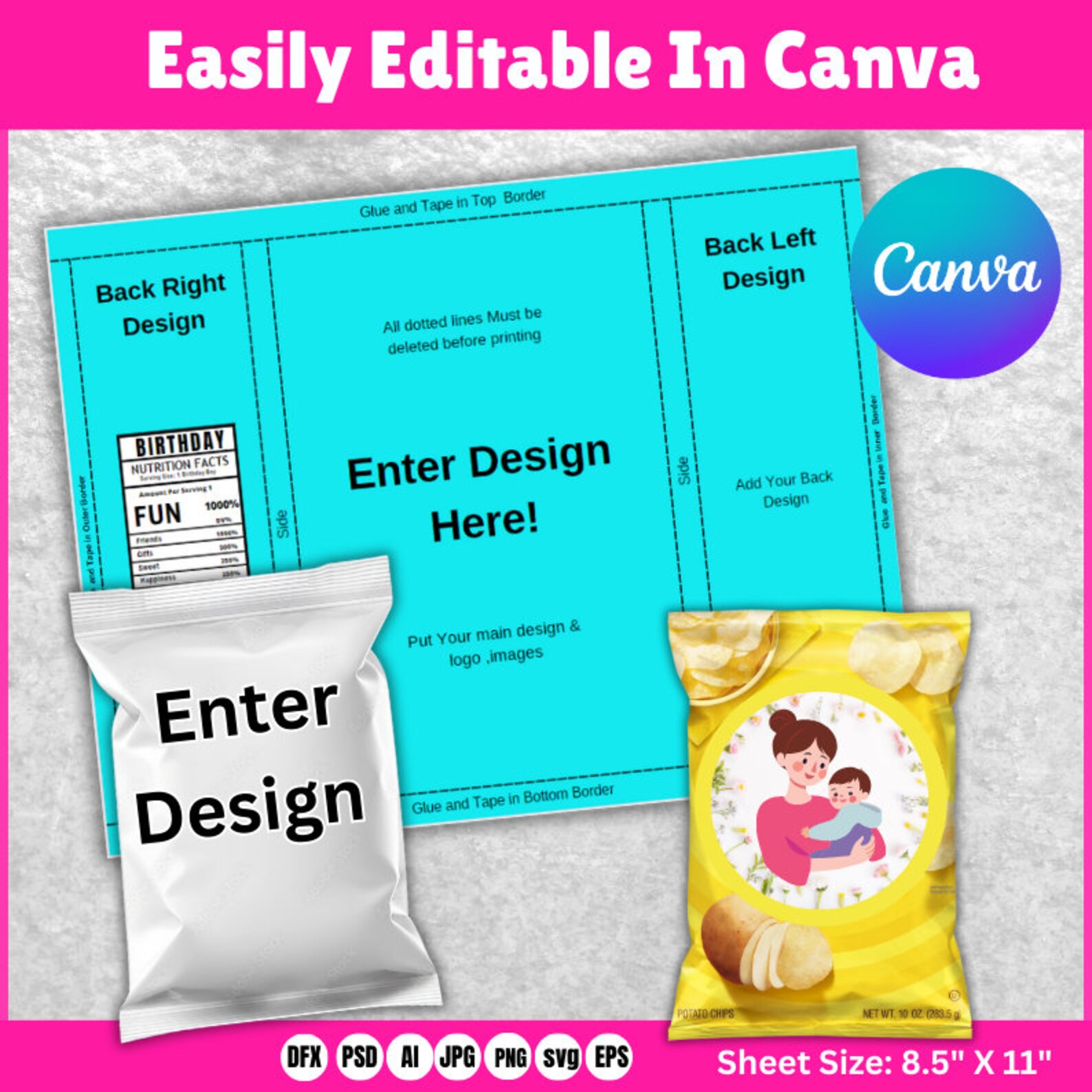 5 Party Favor Template Mockup, Party Favor Chip Bag Template, Chocolate ...
