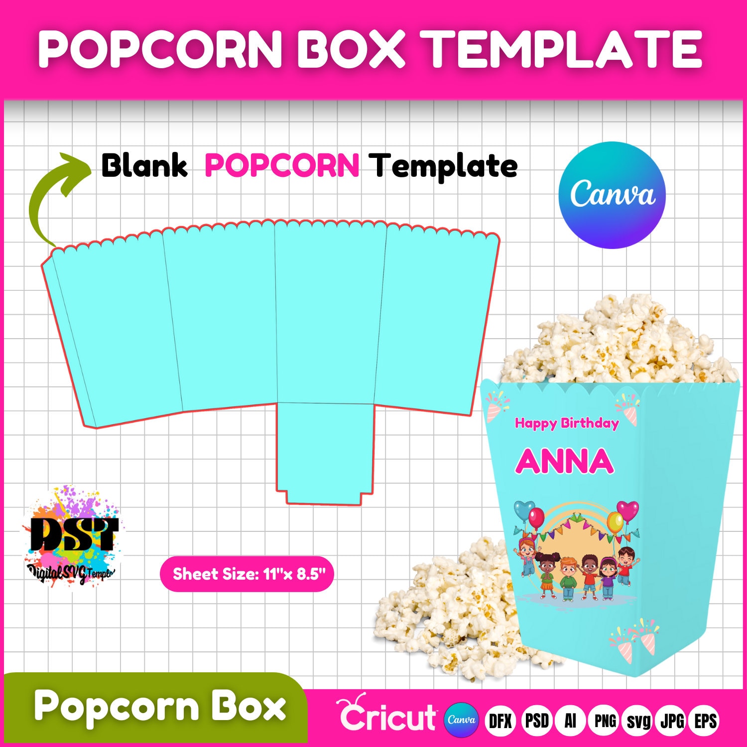 Popcorn Box Template, Snack Box Template, Party Favor Box Template ...
