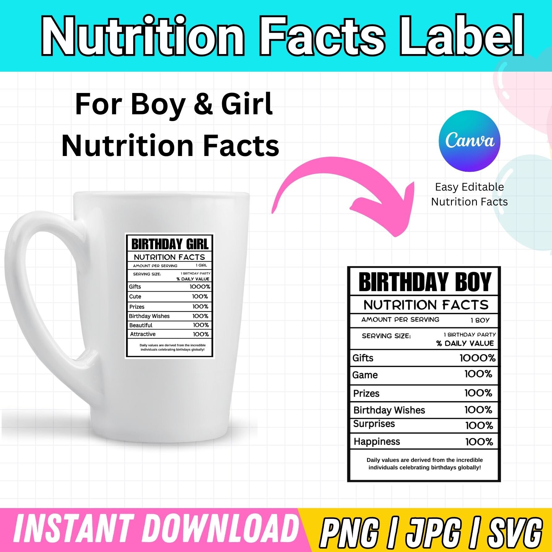 Birthday Boy Nutrition Fact, Birthday Girl Nutrition Facts SVG ...