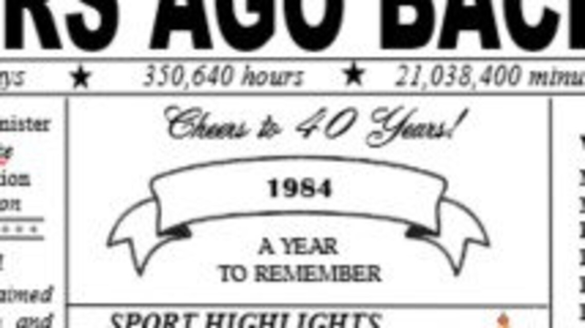 1984 Party Times 40th Australian Birthday Newspaper Sign 40th Birthday ...